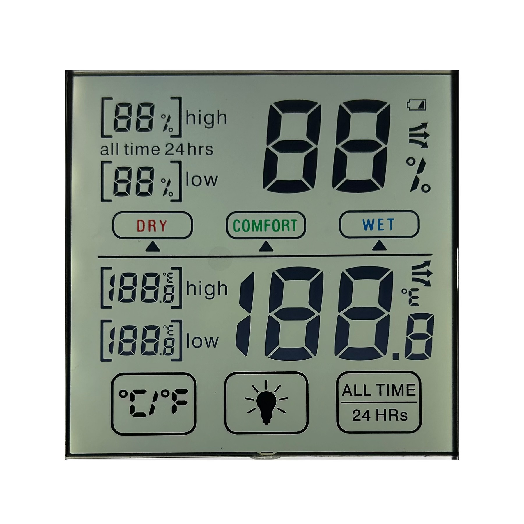 HTN Segment Code LCD White Blacklight Indoor Hygrograph Customizable Display