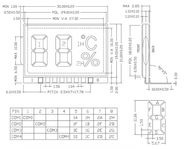 Custom Shape 2 Digit LCD Screen TN LCD Display Operating Temp -30-+80℃